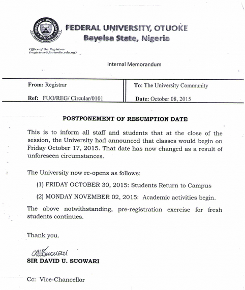 FU Otuoke Postpones Resumption Date for 2015/2016 Session | Campus ...