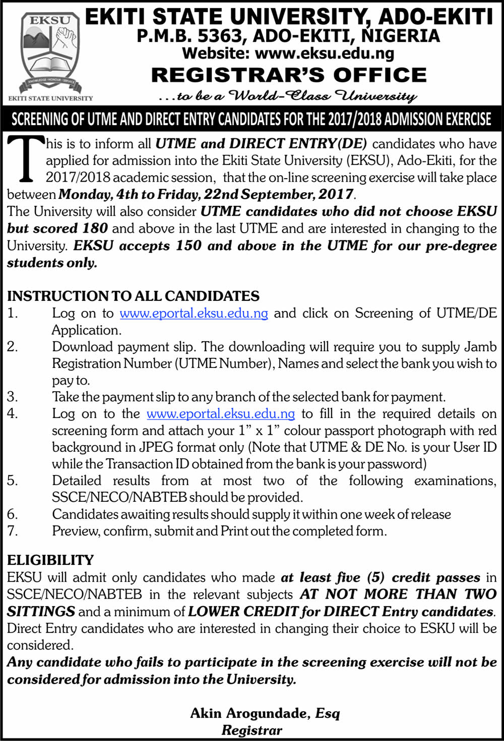 EKSU Post UTME & DE Form 2017: Cut off Mark, Admission Screening ...